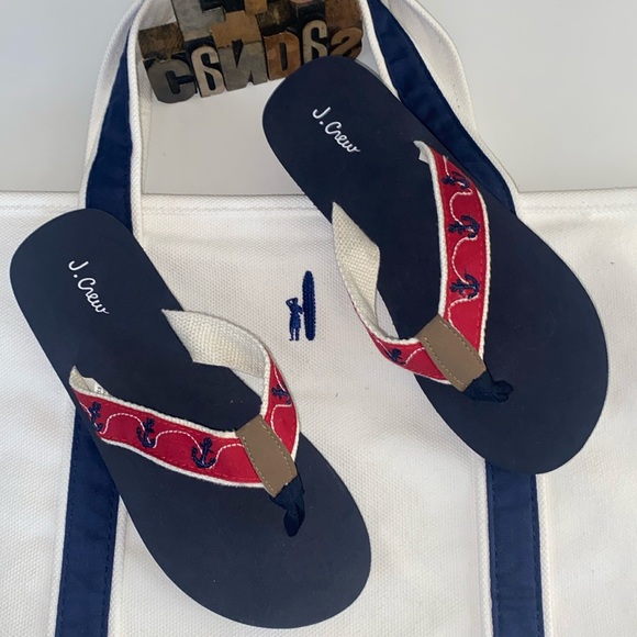 J. Crew | Shoes | J Crew Embroidered Anchor Twill Ribbon Flip Flop ...